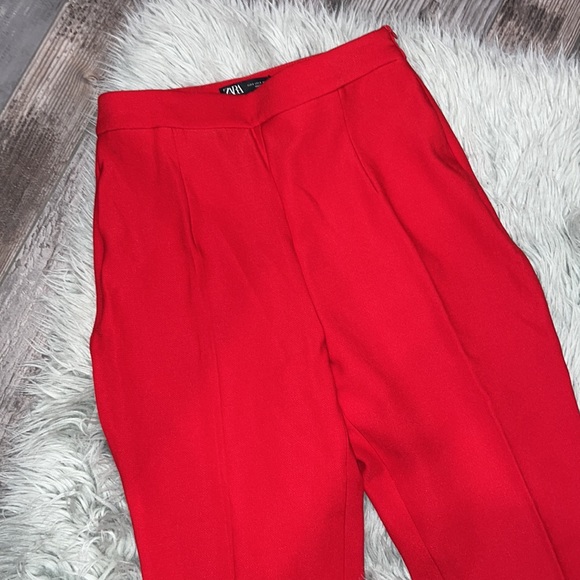 Zara | Pants & Jumpsuits | Zara Red High Waisted Extra Long Semi Skinny ...